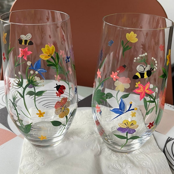 Wildflowers Hand Painted Glassware, Set of 2 Glasses, Mixed Flowers ...