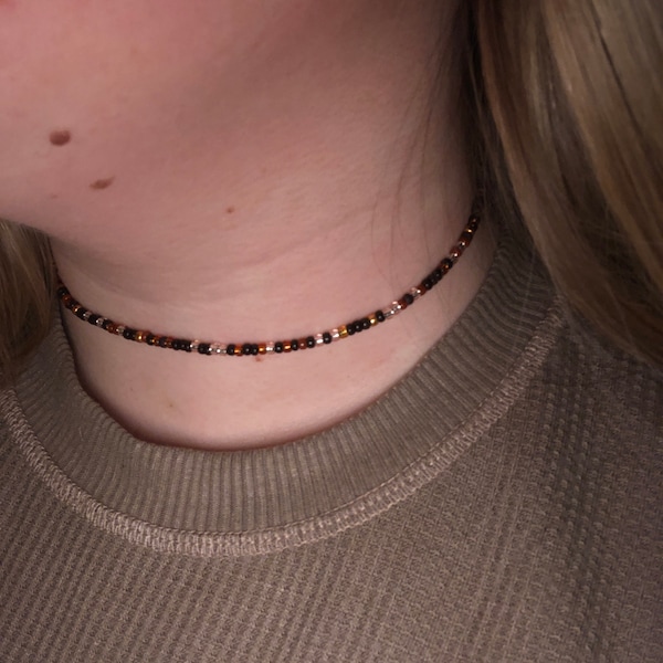 Brown Beaded Choker - Gold Beaded Choker - Gold Seed Choker - Bronze ...