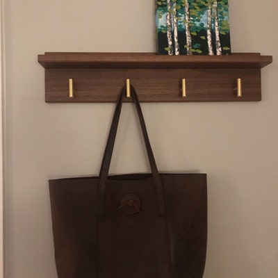 Solid Walnut Coat Rack With Shelf, Entryway Rack With Brass Hooks - Etsy