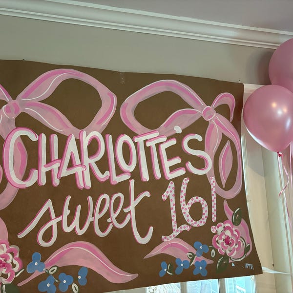 Painted Party Banner Pink Bow, Custom Hand Painted Birthday Banner ...