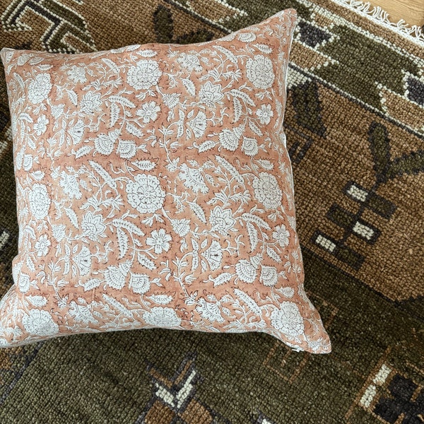 Designer Tan Rust Floral on Natural Linen Pillow Cover, Muted Rust ...