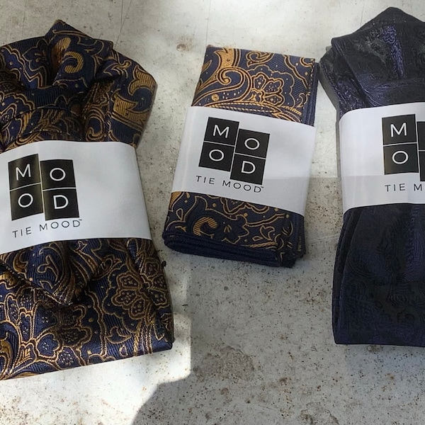 Sadie Dark Blue & Gold Paisley Satin Pre-tied Ruche Cravat Necktie ...