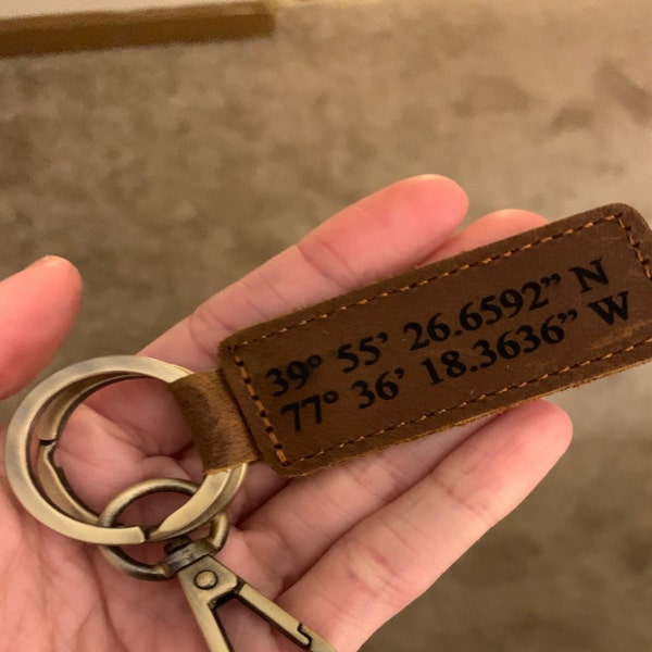 Custom LEATHER KEYCHAIN, Coordinates Key Chain, Anniversary Date ...