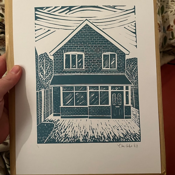 Square Lino Print Custom House Portrait Print House Illustration House ...