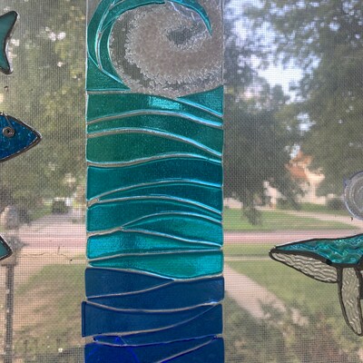 Stained Glass Turquoise Blue Ocean Waves Fused Window Panel With Free ...
