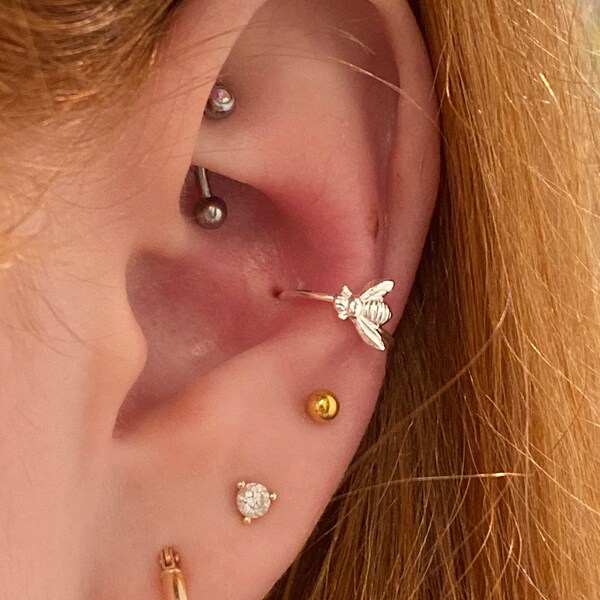 Sterling Silver Piercing With Tiny Bee, Cartilage Earring, Helix ...