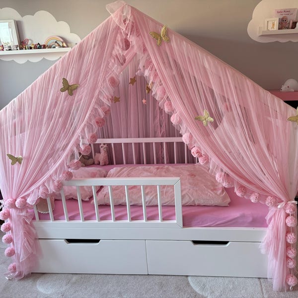 DELUXE With Frill Blush Canopy, Tulle Bed Canopy, Custom Size Bed ...