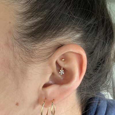 14k Solid Gold Flower Rook Earring Gold Rook Piercing Eyebrow Ring Barbell Belly Button Flower ...