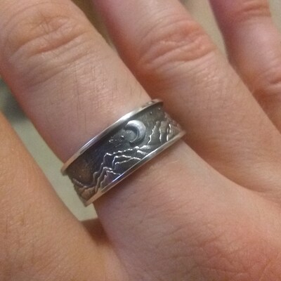 Womens Mountain Ring, Crescent Moon Ring, Men Silver Band, Landscape ...