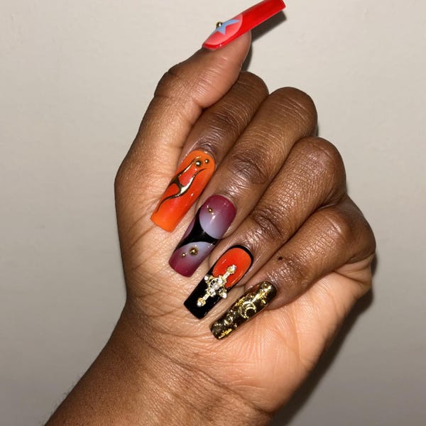 Bold Color Airbrush Long Stiletto Press on Nails, 3D Glam Goth False ...