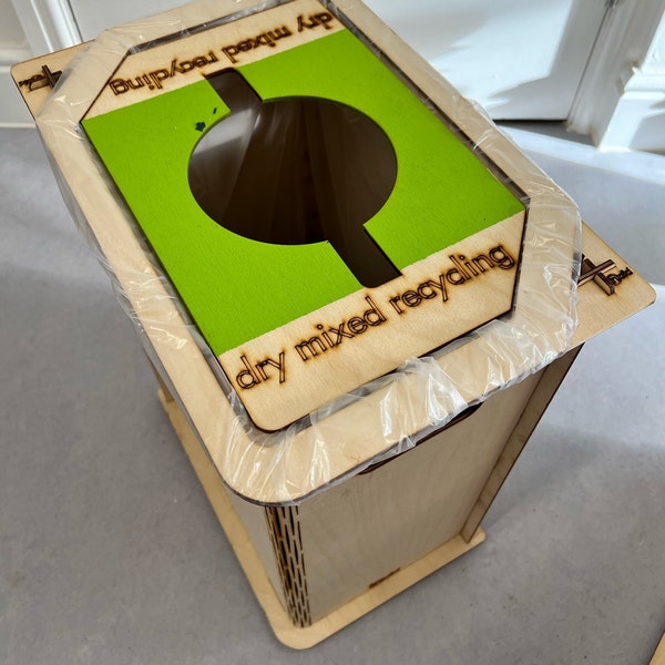 Recycle Bin, Robust Wooden Design With Lime Green Dry Mixed Recycling ...