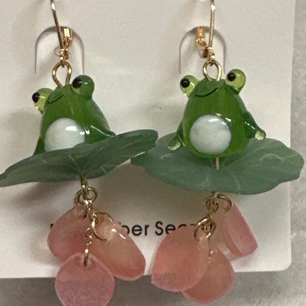 Frog on Lily Pad Earrings, Frog and Floral Petals Lovely Drop Earrings ...