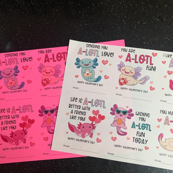 Axolotl Valentine's Day Cards for Kids: Printable Vday Gift Tag (PDF ...