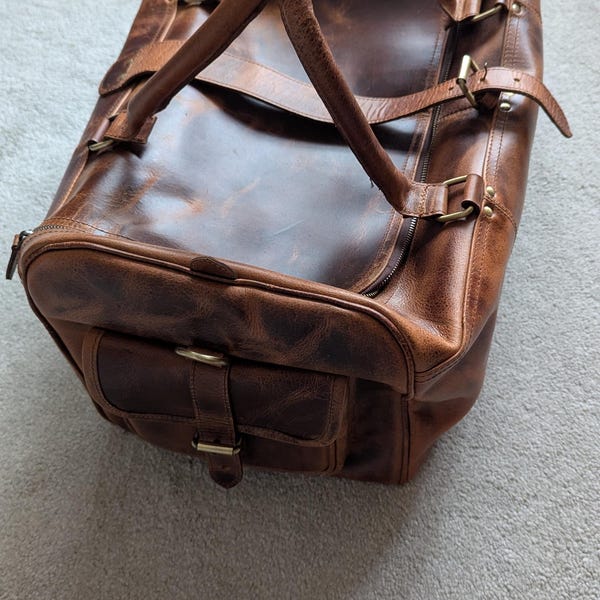 Handmade Full Grain Leather Duffle Bag, Laser Engraved Weekender Carry ...
