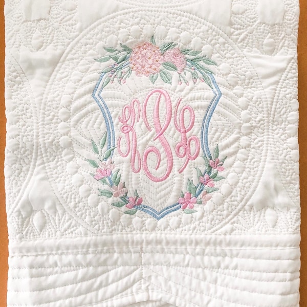 Floral Crest Machine Embroidery, Hydrangea Blue Wedding Flower Monogram ...