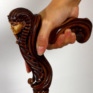 Wood Carved Cane Walking Stick With Ergonomic Handle Egypt Pharaoh ...