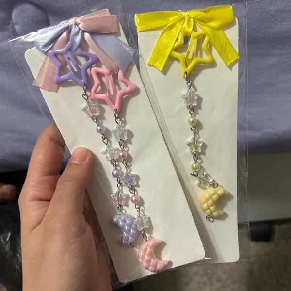 Kawaii Moon Hair Clips With Iridescent Star Beads Available in Pastel ...