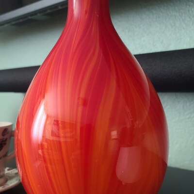 Vintage Sooner Art Glass Vase Coil Pedestal Base Yellow White Swirl 10 ...