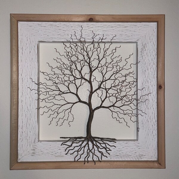 Made to Order Framed Copper Tree W/bench. Rustic Decor. Wire Art. Metal ...