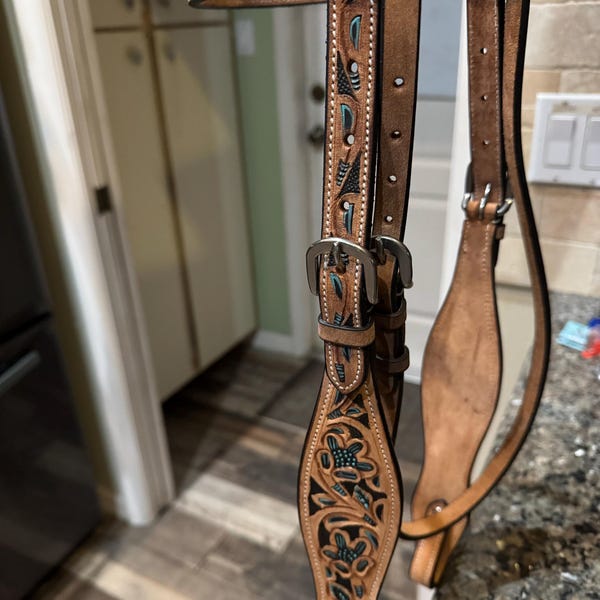 Belt Style Turquoise Buckstitch Split Ear Headstall - Leather Bridle ...