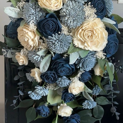 Dusty Blue Navy White Sola Wood Flower Centerpiece, Blue Table Decor ...