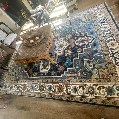 Dark Blue Oushak Rug, Handknotted Black Oushak Wool Rug in Green Accent ...