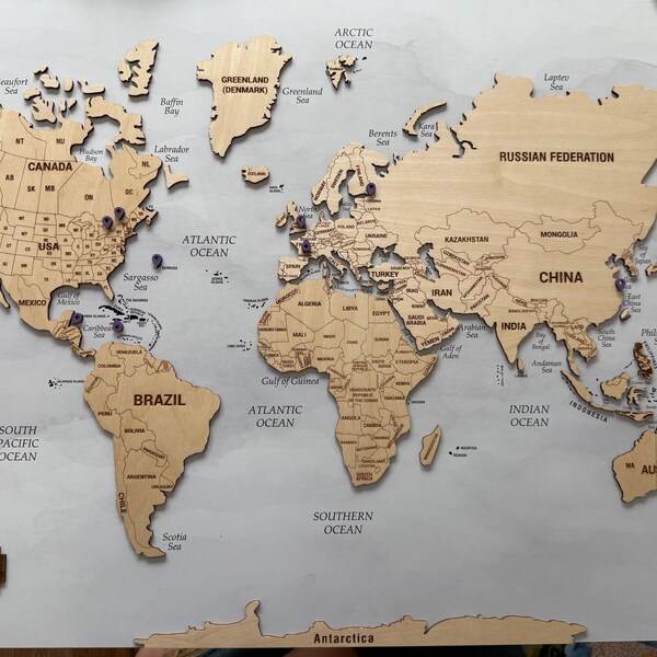 3 Panel World Map Wall Art Above Bed Decor, World Map Push Pin Travel ...