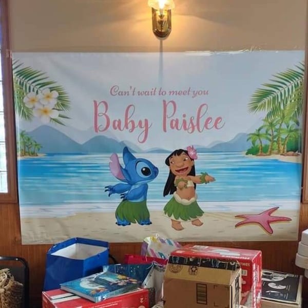 Lilo Stitch Angel Baby Gender Reveal Personalised Background Backdrop ...