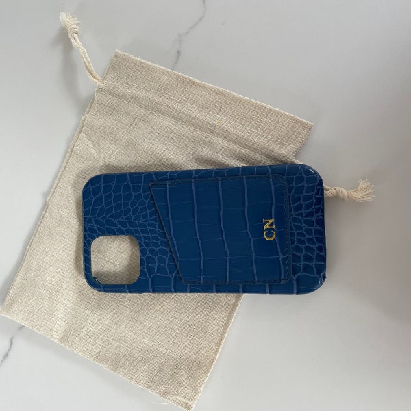 Personalized iPhone 14 Case, Monogram Large Initial Pebble Leather Case ...