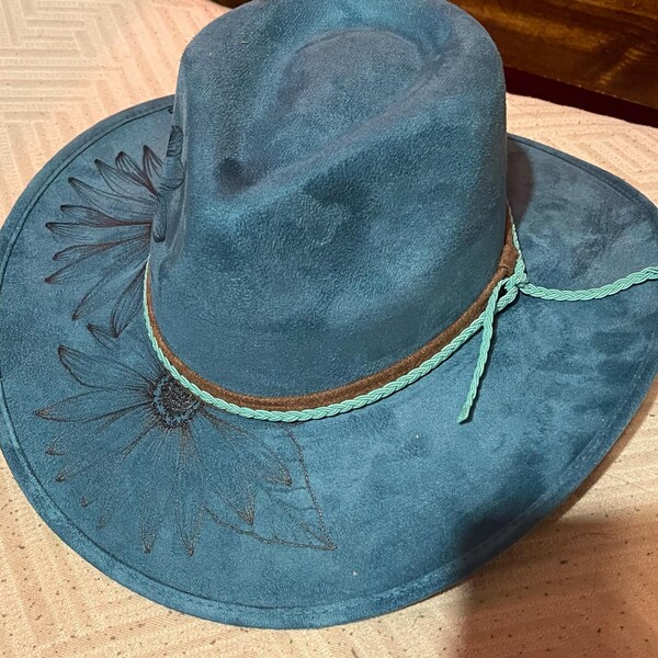 Distressed Cow Hide Burned Cowboy Hat Cowboy Hat Ladies Western Explorer Hat Wedding Hat Wide ...