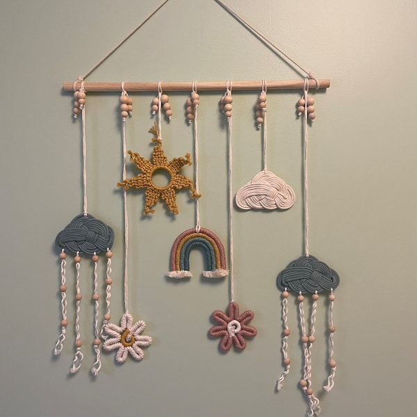 Macrame Cloud Wall Hanging: Handmade Nursery Decor, Rainbow Sun Stars - Etsy