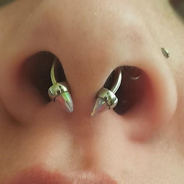 16G Titanium Internally Threaded Opal Spike Horseshoe Ring/ Opal Septum ...