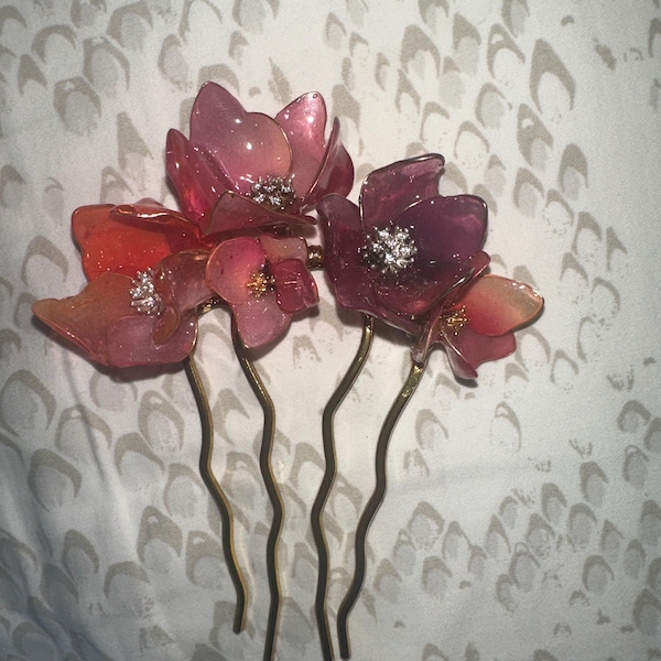 LARGE PINK Orchid Hair Combs, Resin Orchid, Kanzashi Hairpin, Wedding ...