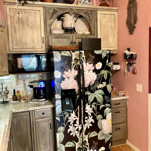 Refrigerator Wrap Vintage Floral, Retro Fridge Wrap Vinyl Side by Side ...