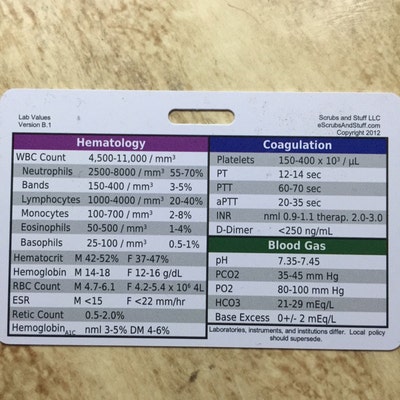 Laboratory Values Badge Card Reference Horizontal for Nurse Medic EMT ...