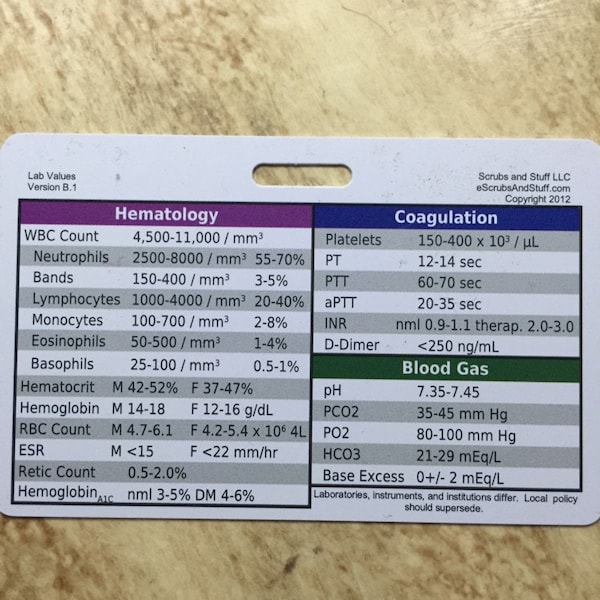Laboratory Values Badge Card Reference Horizontal for Nurse Medic EMT ...