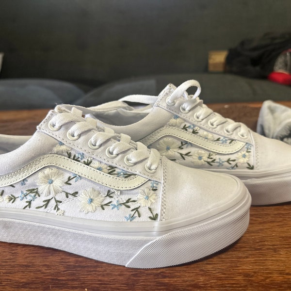 Wedding Vans, White Primrose Embroidered Vans Custom, Blue Flower ...