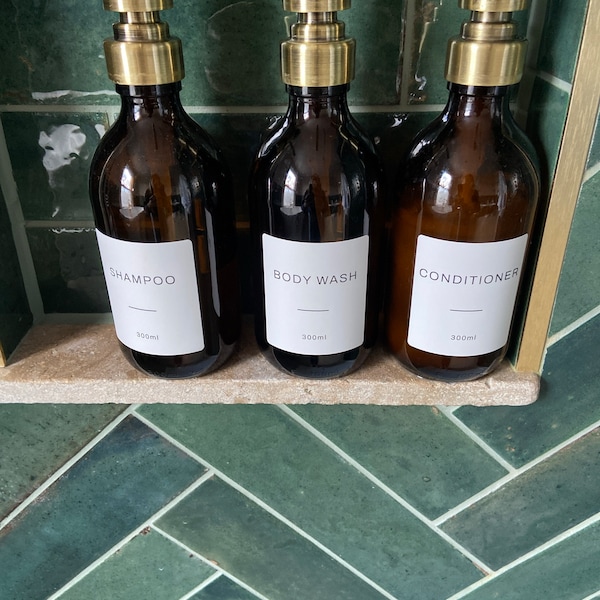 Amber Glass Soap Dispenser - Labelled Refillable Bottle With Metal Pump ...