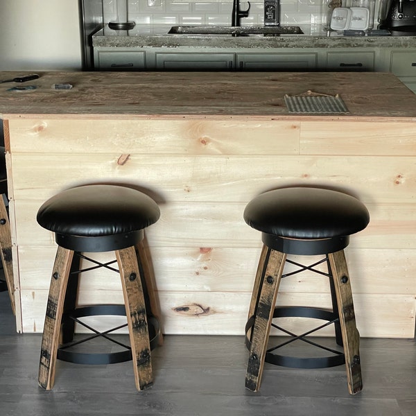 Whiskey Barrel Stave Bar Stools With Cushioned Swivel Seats, FREE ...