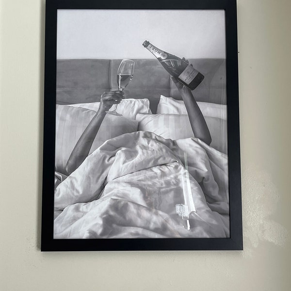 Woman Drinking Wine in Bed, Black and White Poster Print - Etsy