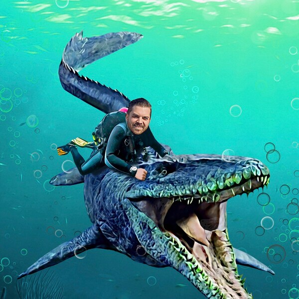 Personalized Kid Riding a Mosasaurus Jurassic Dinosaur Art, Custom ...