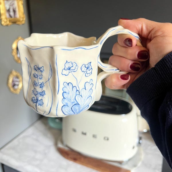 Handmade Unique Blue Floral Ceramic Mugs - Hand Painted Rustic Ceramic ...
