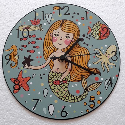 Mermaid Wall Clock Sea Life Kids Nursery Room, Teens Room, Baby Room ...