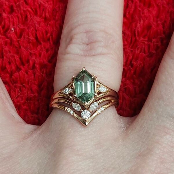 Green Sapphire Engagement Ring Solid Gold Natural Leaf Ring Cluster Moissanite Hexagon Cut Teal