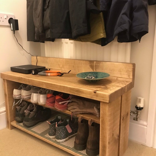 Farmhouse Shoe Rack Boot Rack Bench Solid Chunky Wood Antique Wooden ...
