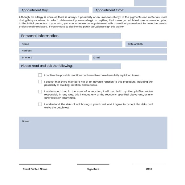Editable Patch Test Consent Form, Disclaimer Form, Waiver Form - Etsy