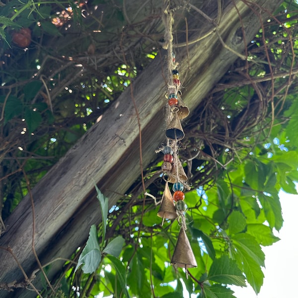 Bells on String With BLUE Ceramic Beads, Rustic Windchime, Vintage Cow ...