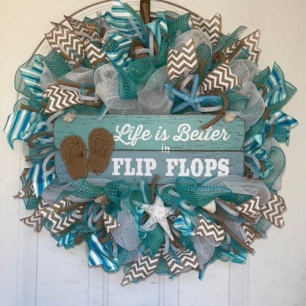 White Anchor Mesh Swag Wreath With Starfish and Florals, Beach Swag ...