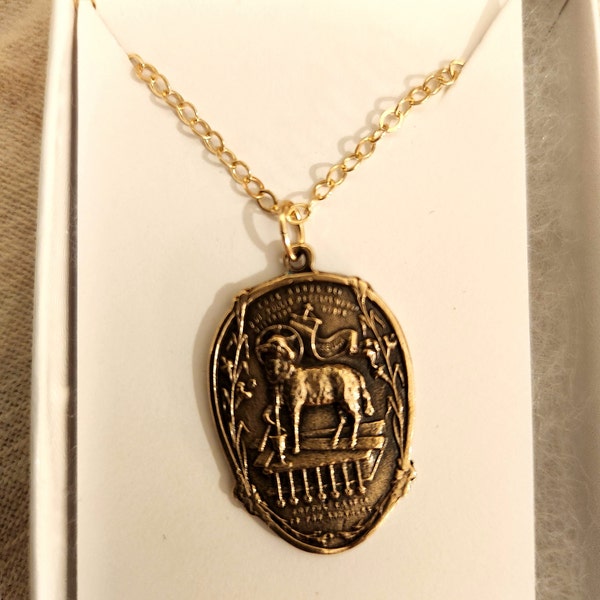 Agnus Dei Easter Medal Necklace, 14k Gold Plated Chain Necklace, Catholic Gift, Saint Medal With ...
