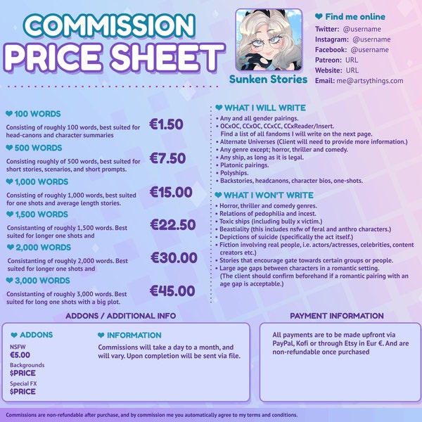 Easy DIY Custom Pricing Commission Sheet Template for Artists, Crafters ...